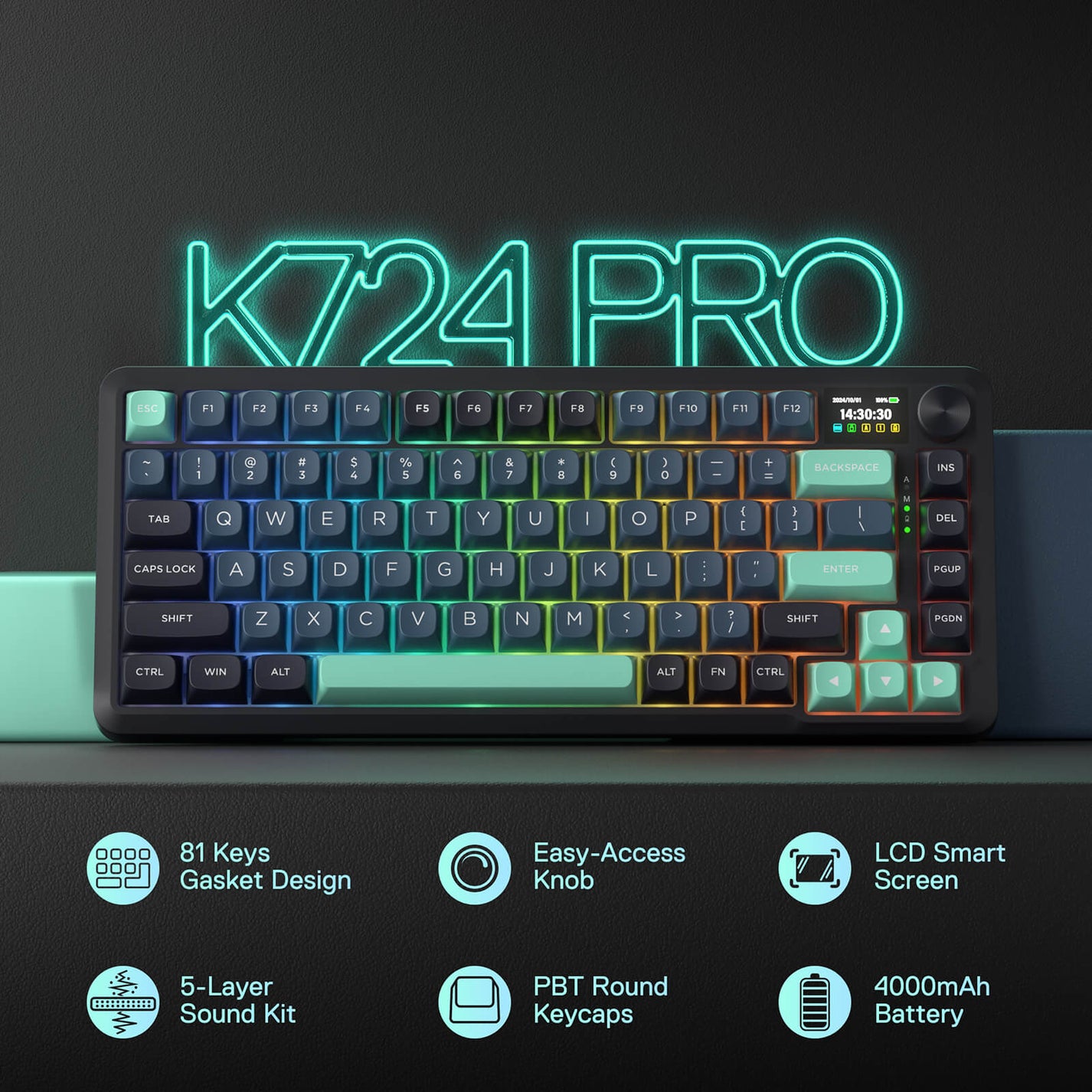 Redragon BEHEMOTH K724 PRO 81 Keys OEM Profile Gasket RGB Gaming Keyboard w/Smart Screen & Knob ...