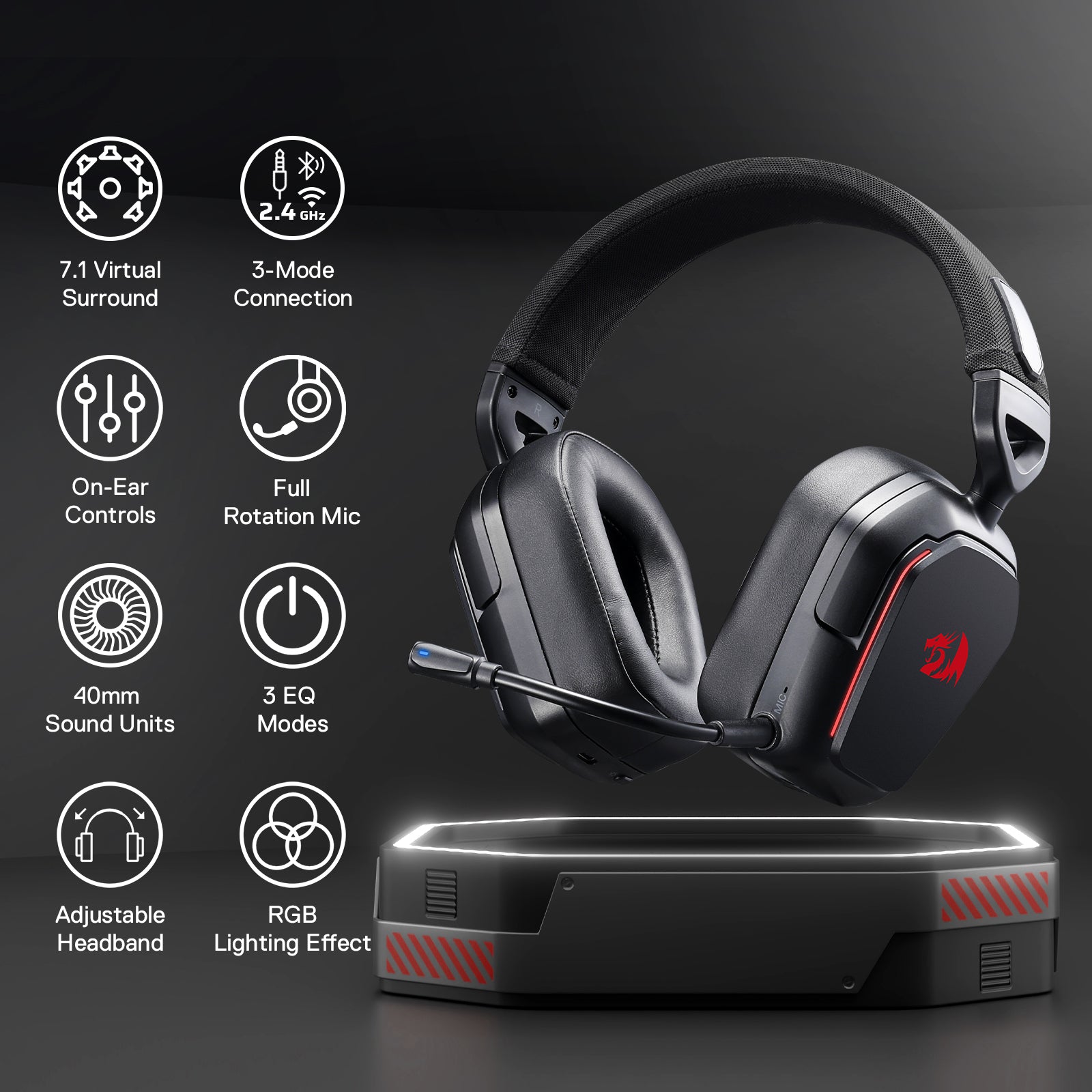 Redragon H868 3-Mode Wireless 7.1 Surround Sound RGB Gaming Headset ...