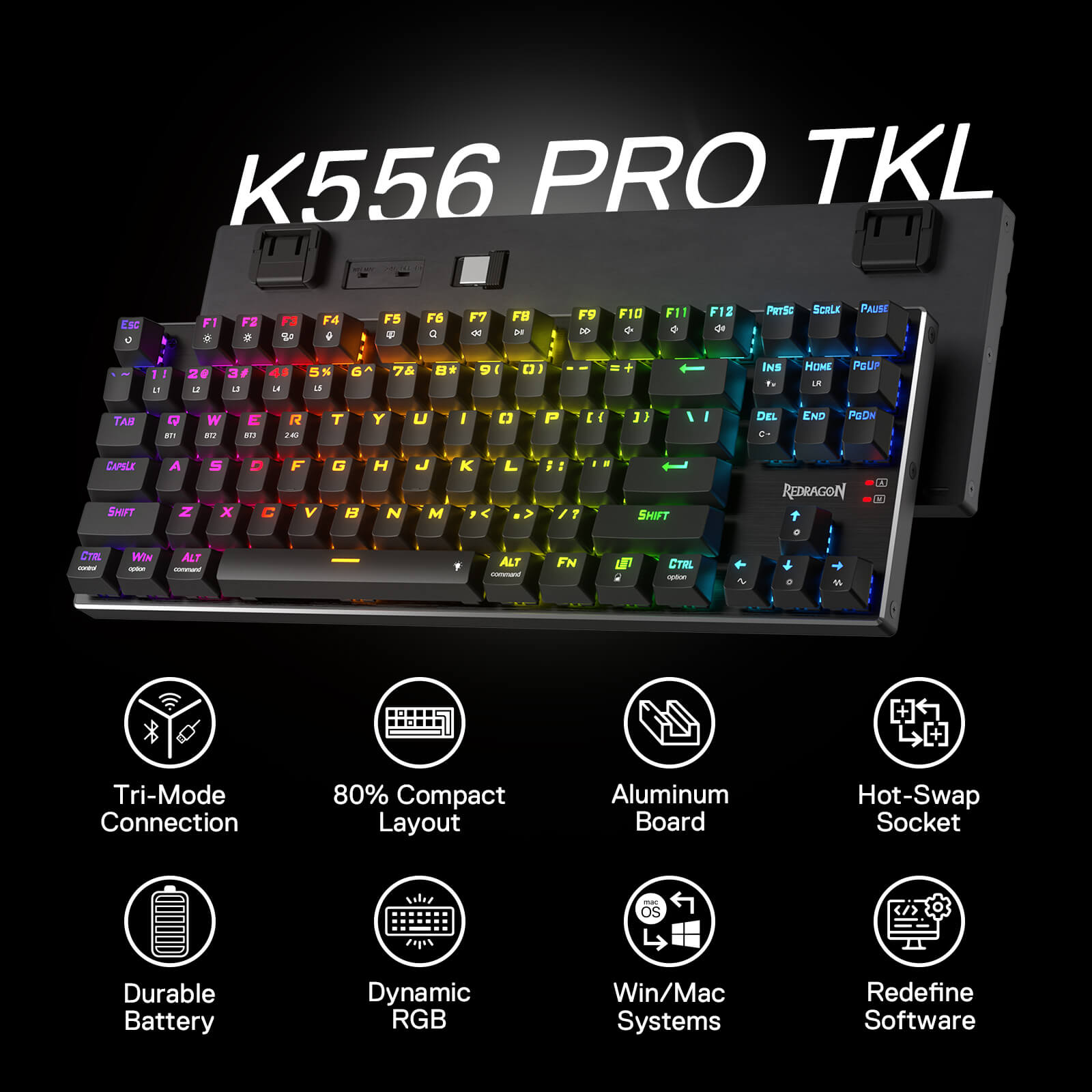 Redragon K556 TKL RGB Wired/Tri-Mode Wireless Mechanical Gaming ...