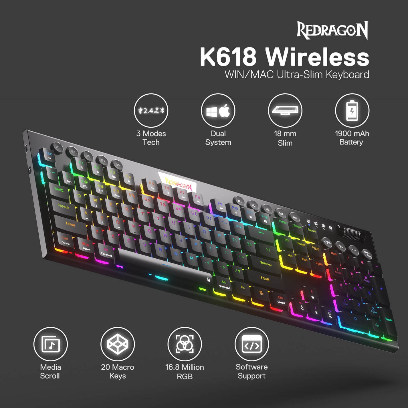 Redragon K618 Wireless Ultra-Thin Low Profile RGB Mechanical Keyboard ...