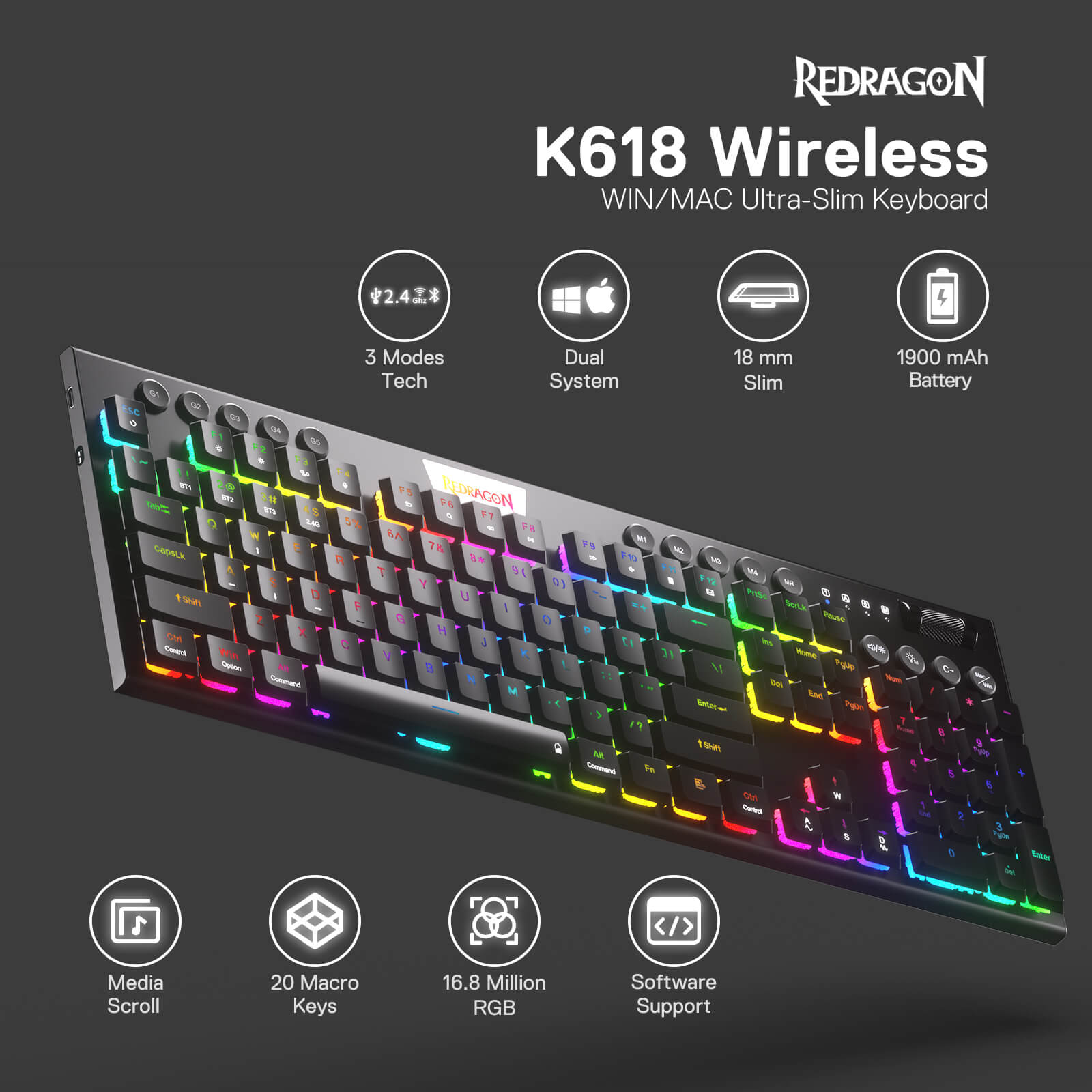 Redragon HORUS K618 & TRIDENT M693 Tri-Mode Gaming Keyboard and Mouse ...