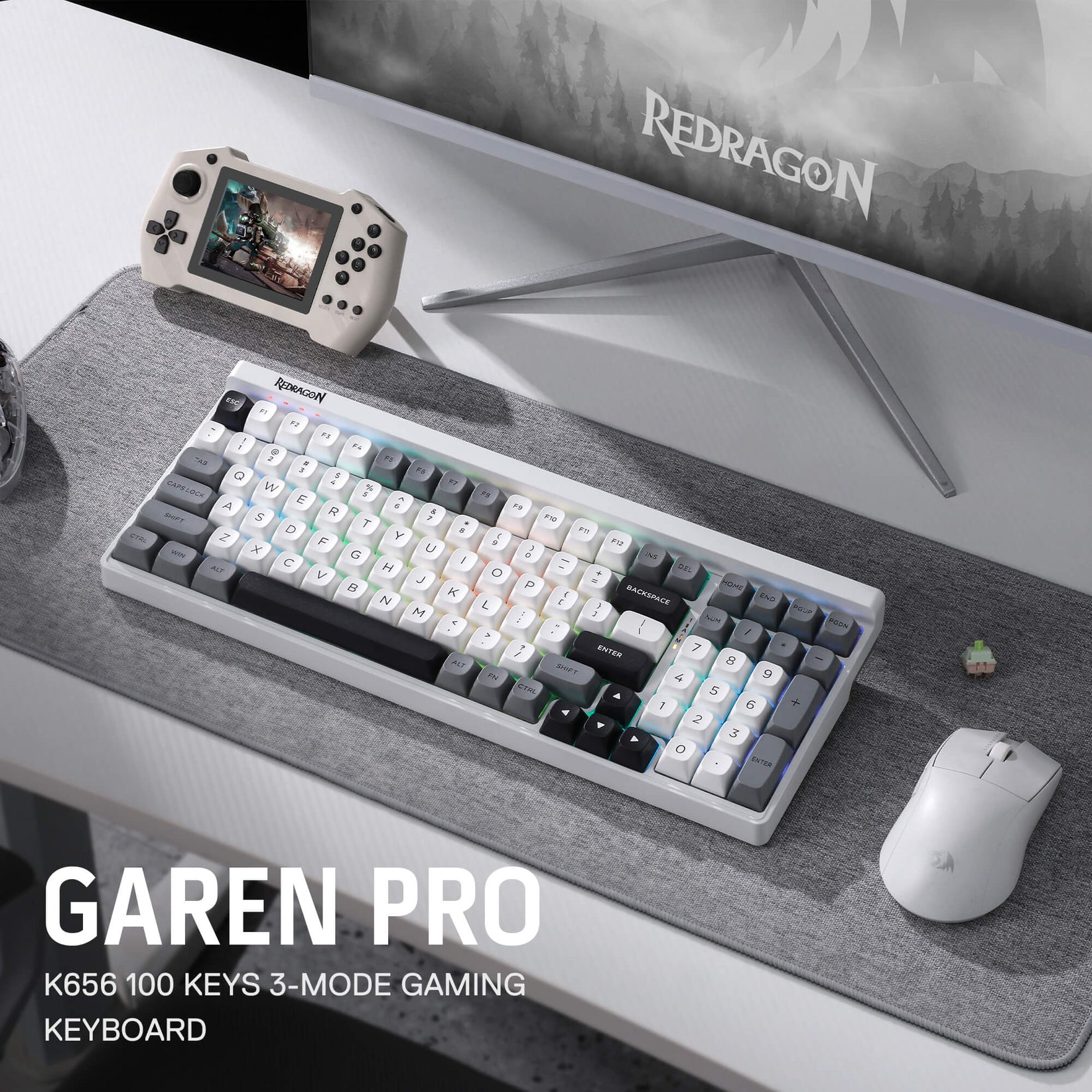 Redragon K656 PRO 3-Mode 100 Keys Wireless RGB Gaming Keyboard, MoonDust Gray – Redragonshop