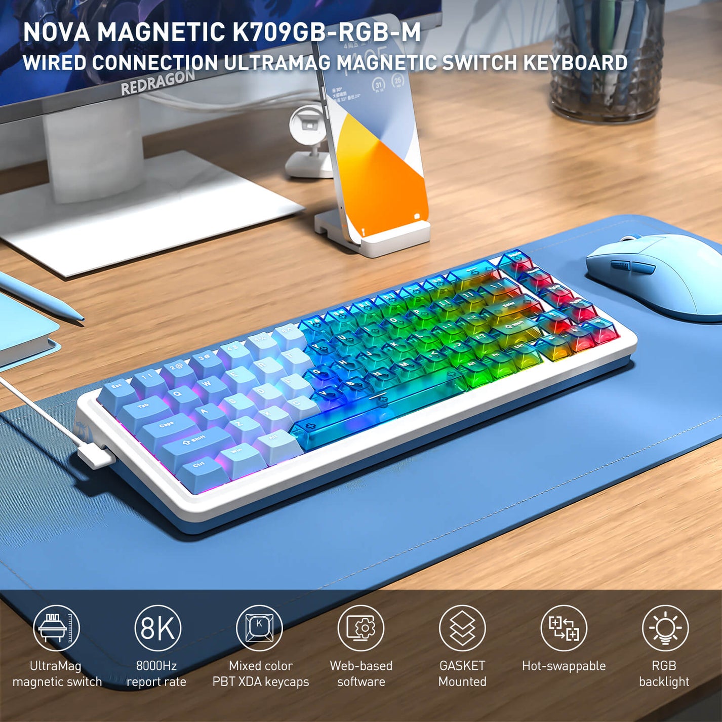 Redragon NOVA K709 HE Transparent Blue 65% Rapid Trigger Magnetic ...