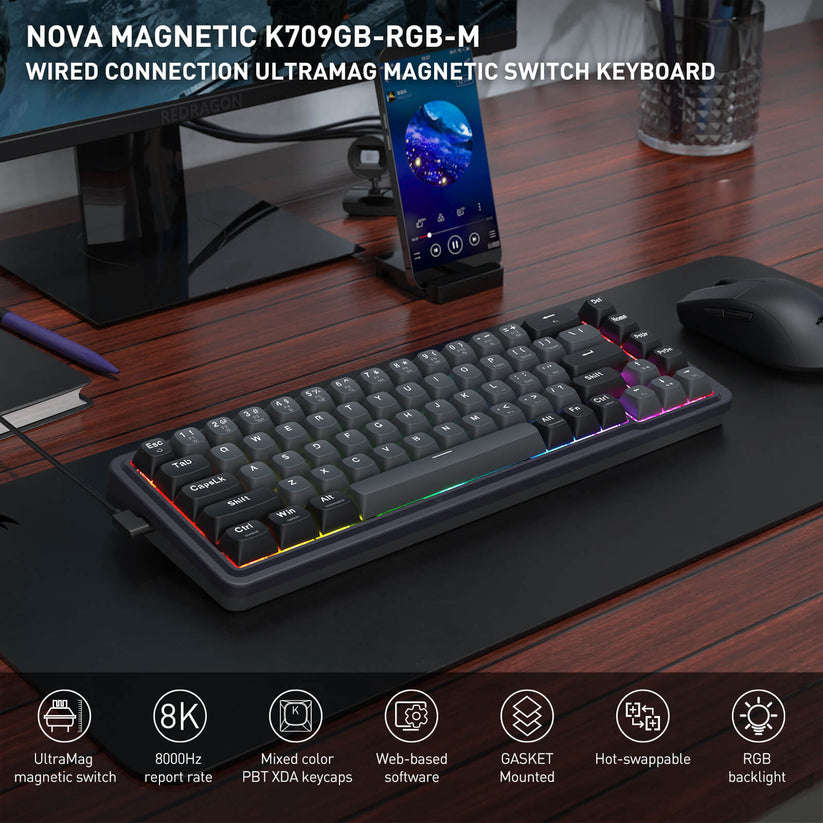 Redragon NOVA K709 HE 65% Rapid Trigger Magnetic Switch Gaming Keyboard ...