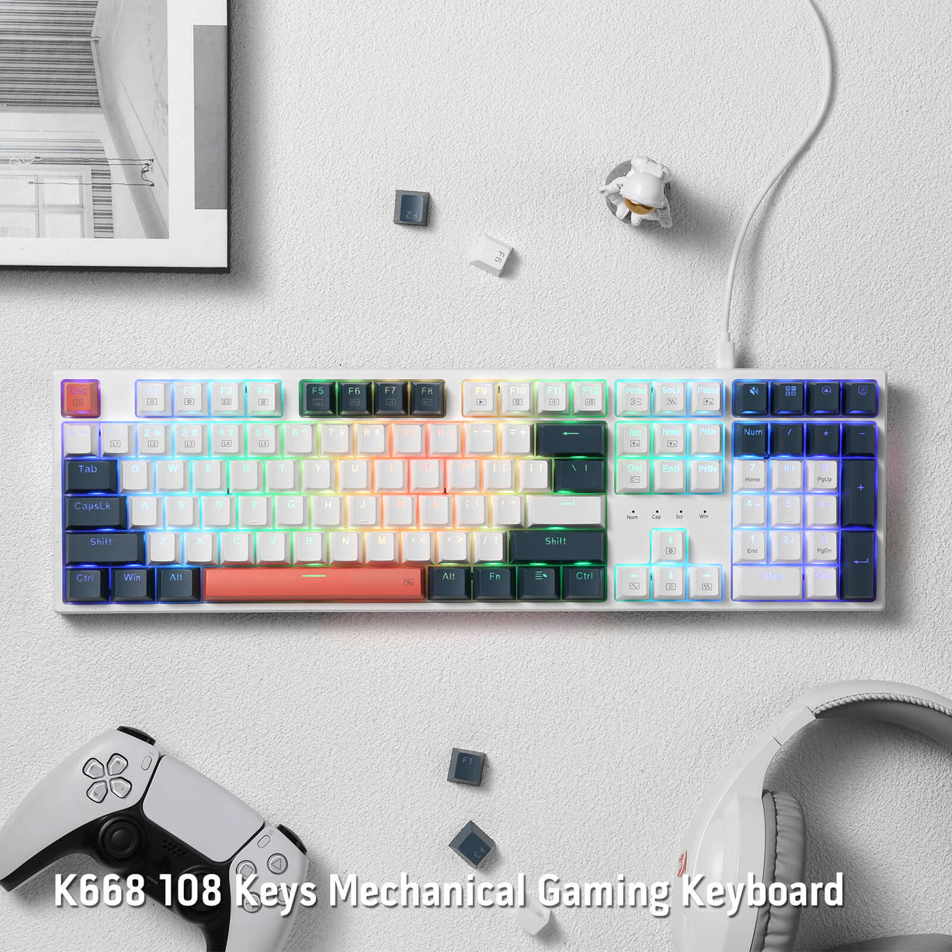 Redragon TRUNDLE K668 Hot-swappable Gaming Keyboard Mixed Color Keycaps ...