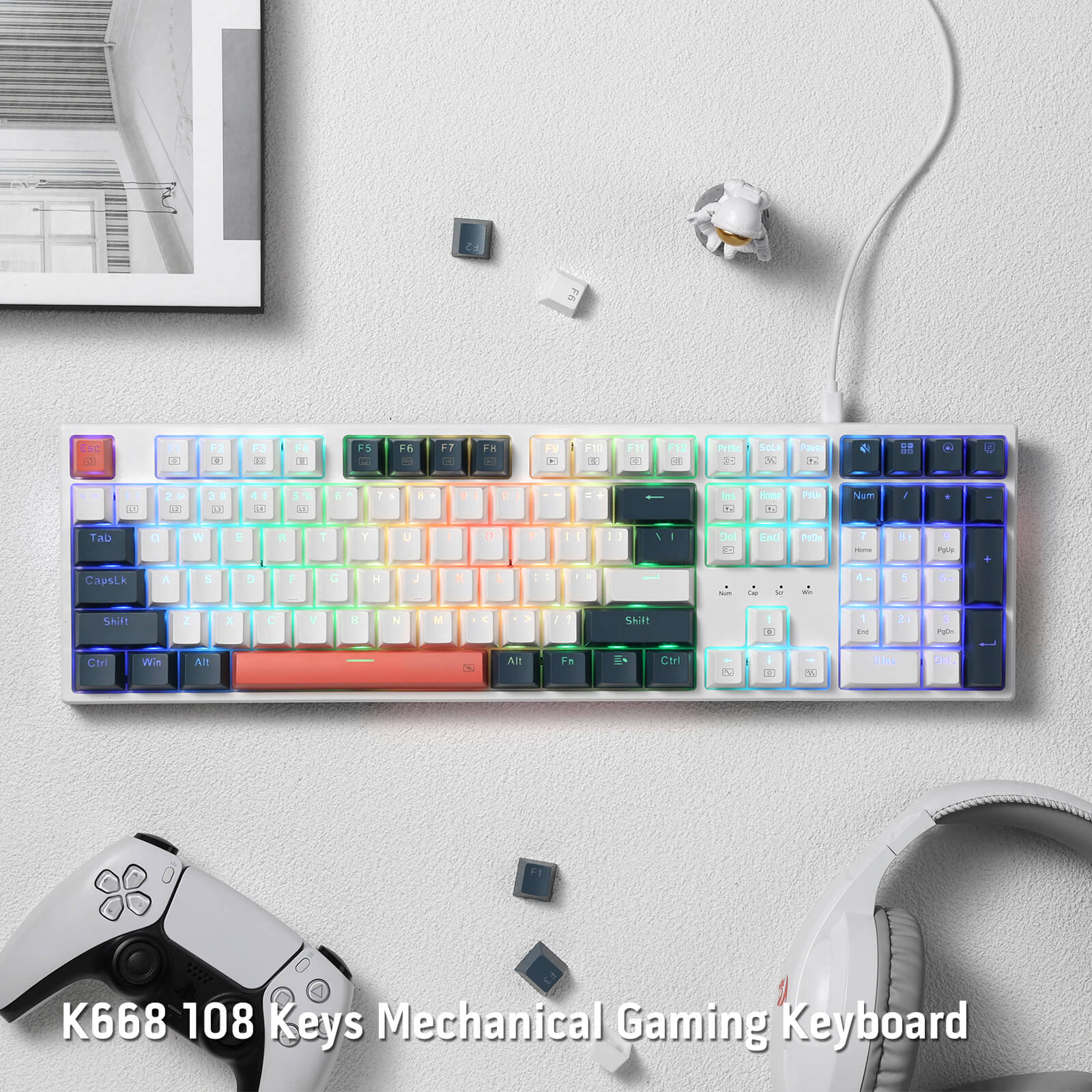 Redragon TRUNDLE K668 Hot-swappable Gaming Keyboard Mixed Color Keycaps ...