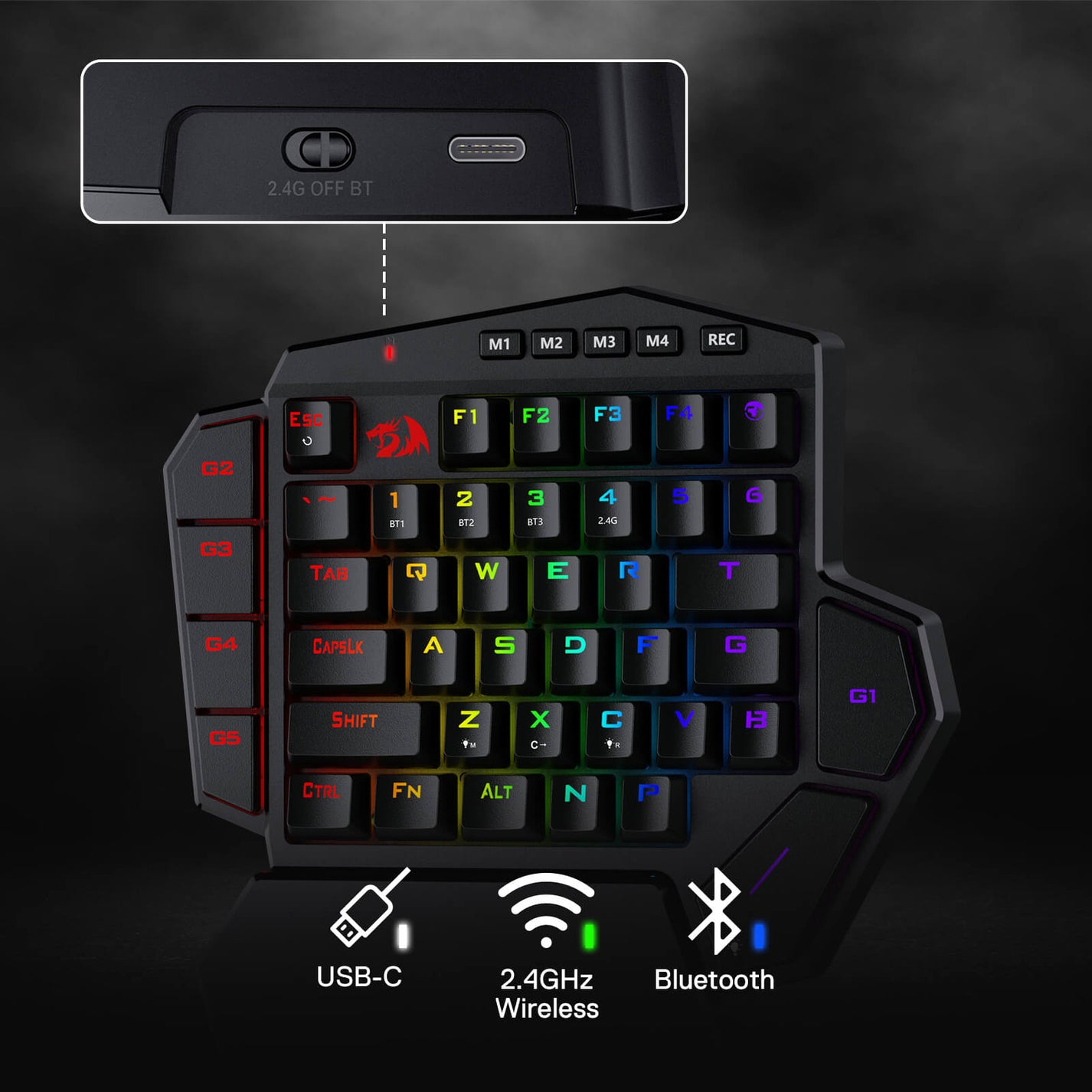 Redragon DITI K585 PRO Wireless 2.4Ghz RGB One-Handed Mechanical Gaming ...