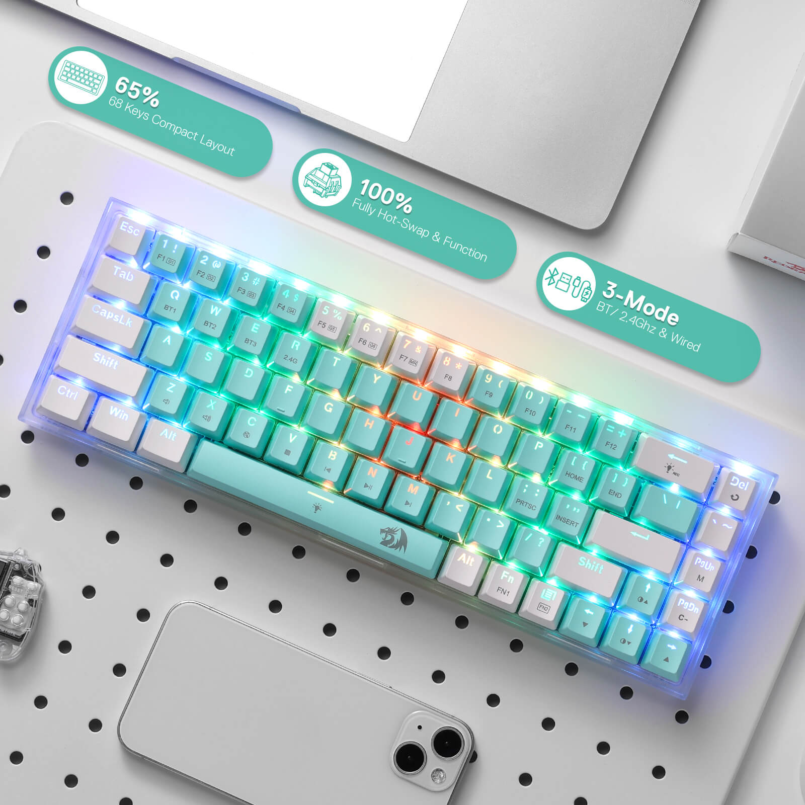 Redragon CASTOR K631 PRO 65% Mint & White Wireless Aesthetic Keyboard ...